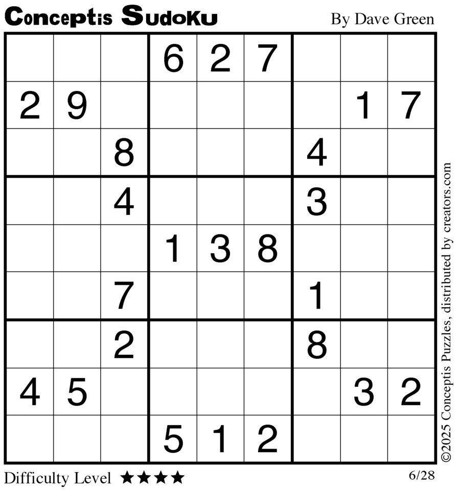 Conceptis Classic Sudoku for Jun 28, 2025, by | Creators Syndicate