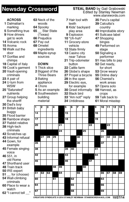 Newsday Crossword Puzzle for Oct 27, 2014, by Stanley Newman | Creators ...