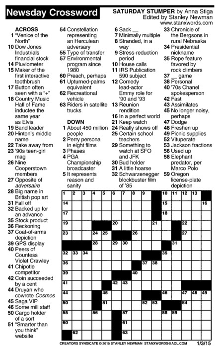 Newsday Crossword Puzzle for Jan 03, 2015, by Stanley Newman | Creators ...