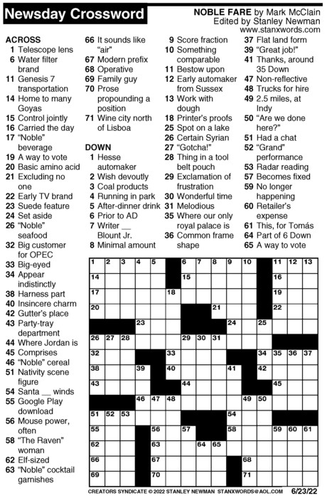 Newsday Crossword Puzzle for Jun 23, 2022, by Stanley Newman | Creators ...