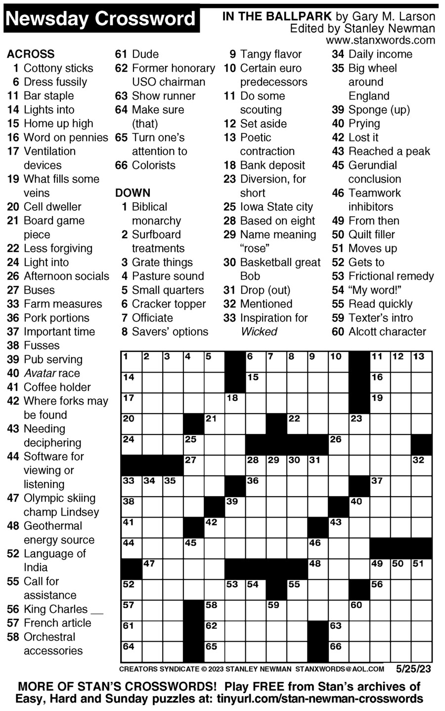 Newsday Crossword Puzzle For May 25 2023 By Stanley Newman Creators Newsday Crossword Puzzle For May 25 2023 By Stanley Newman Creators