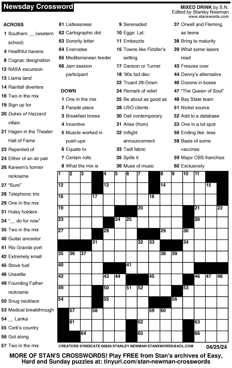 Newsday Crossword Puzzle For Apr 25 2024 By Stanley Newman Creators Newsday Crossword Puzzle For Apr 25 2024 By Stanley Newman Creators