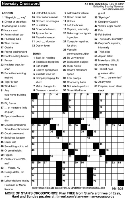 Newsday Crossword Puzzle for May 19, 2025, by Stanley Newman | Creators ...