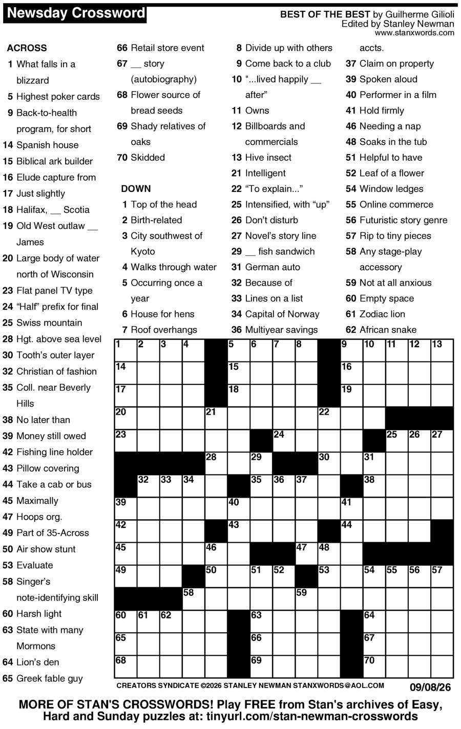 Newsday Crossword Puzzle for Sep 08, 2026, by Stanley Newman | Creators ...