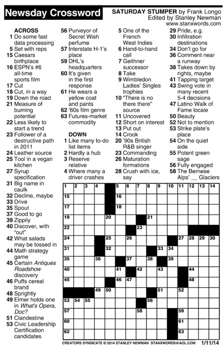 Newsday Crossword Puzzle for Jan 11, 2014, by Stanley Newman | Creators ...