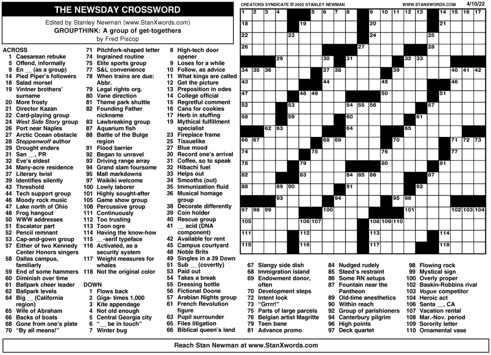 Newsday Crossword Sunday for Apr 10, 2022, by Stanley Newman | Creators ...