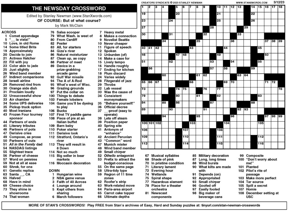 Newsday Crossword Sunday For Mar 12 2023 By Stanley Newman Creators Newsday Crossword Sunday For Mar 12 2023 By Stanley Newman Creators