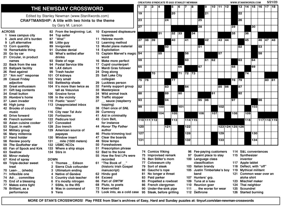 Newsday Crossword Sunday For May 21 2023 By Stanley Newman Creators Newsday Crossword Sunday For May 21 2023 By Stanley Newman Creators