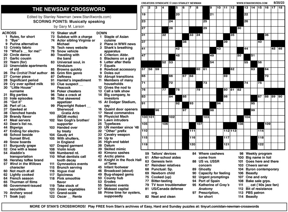 Newsday Crossword Sunday For Aug 20 2023 By Stanley Newman Creators Newsday Crossword Sunday For Aug 20 2023 By Stanley Newman Creators