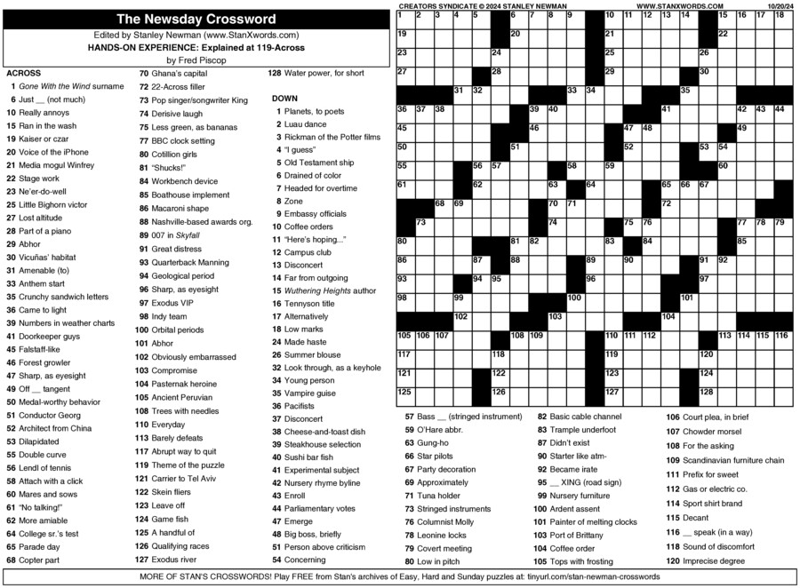 Newsday Crossword Sunday for Oct 20 2024 by Stanley Newman Creators Syndicate